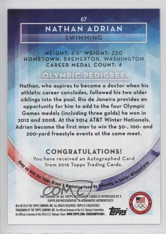 2016 US Olympic & Paralympic Team and Hopefuls Silver /30 Nathan Adrian ...