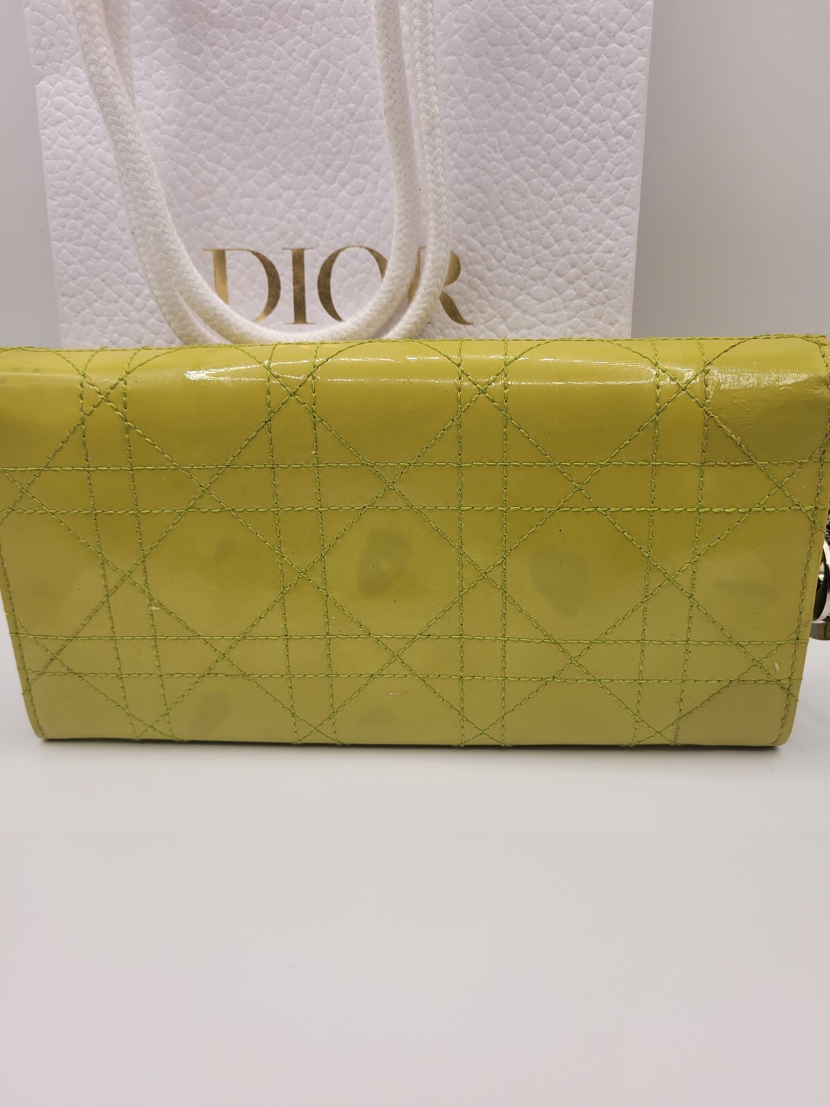 Lady Dior Lotus Cannage Neon Yellow Patent Calfskin Long Wallet | eBay