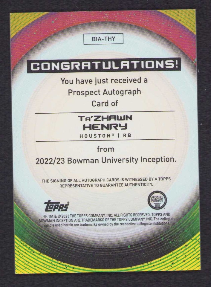 TA'ZHAWN HENRY AUTO HOUSTON 2023 BOWMAN UNIVERSITY INCEPTION | eBay