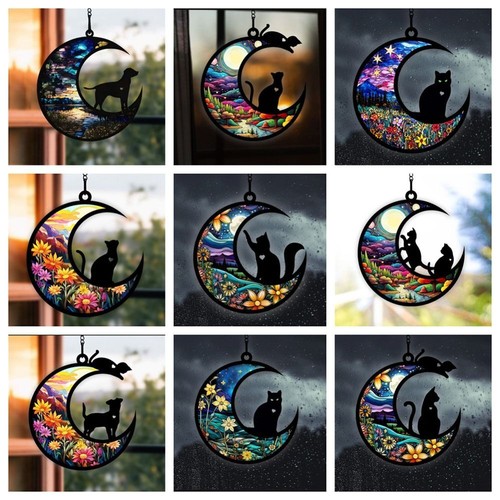 Gifts Moon Shaped Cat Door Wreaths Acrylic Halloween Ornament Halloween ...