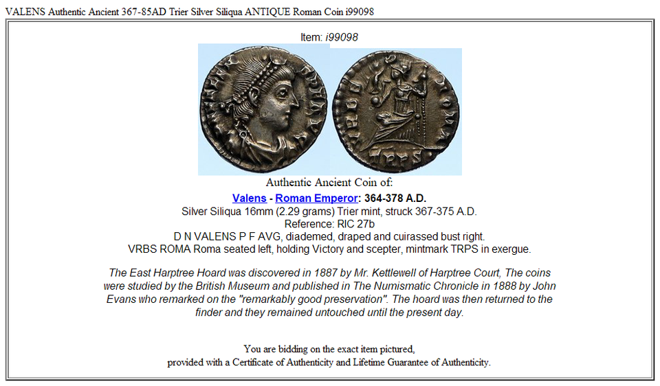 VALENS Authentic Ancient 367-85AD Trier Silver Siliqua ANTIQUE Roman ...