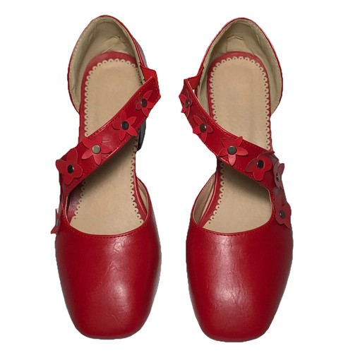 Vintage 90s Red Pumps Shoes Chunky Heel Square Toe Cross Strap Flowers ...