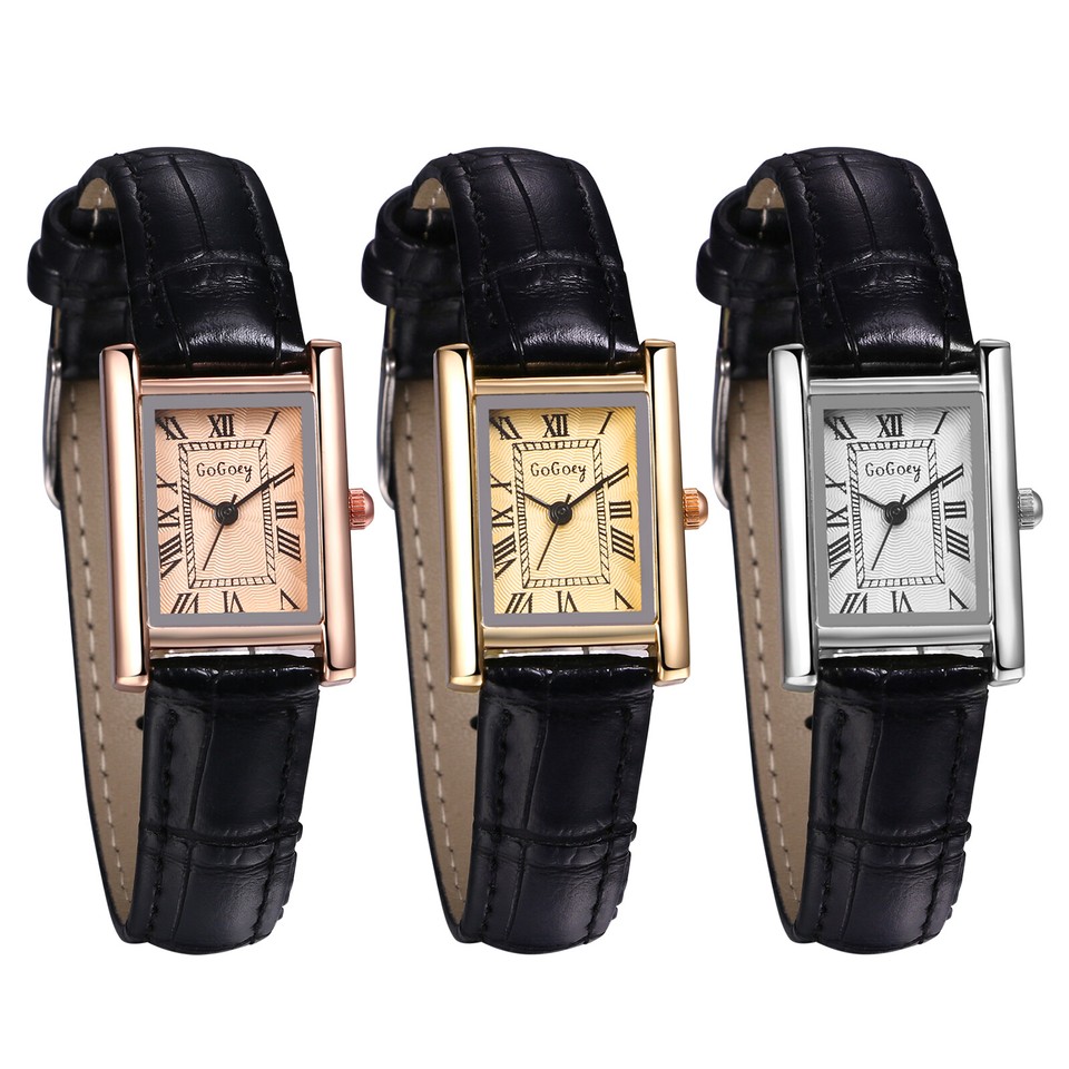 Women's Classic Rectangle Roman Numerals Dial Leather Strap Quartz ...