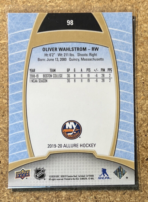 2019-20 Upper Deck Allure Oliver Wahlstrom #98 RC Rookie New York ...