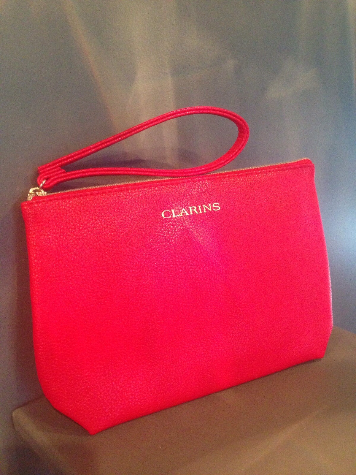 Clarins Red Vegan Leather Wristlet Pouch Bag Zippered Purse | eBay