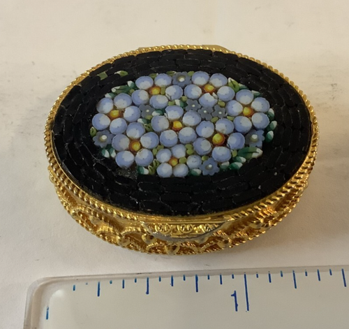 Vintage Micro Mosaic Glass Pill Box Blue Black Gold Handmade in Italy ...