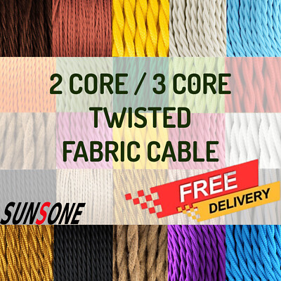 2/3 Core Twisted Braided Fabric Cables Vintage Style Coloured Wire Lamp ...