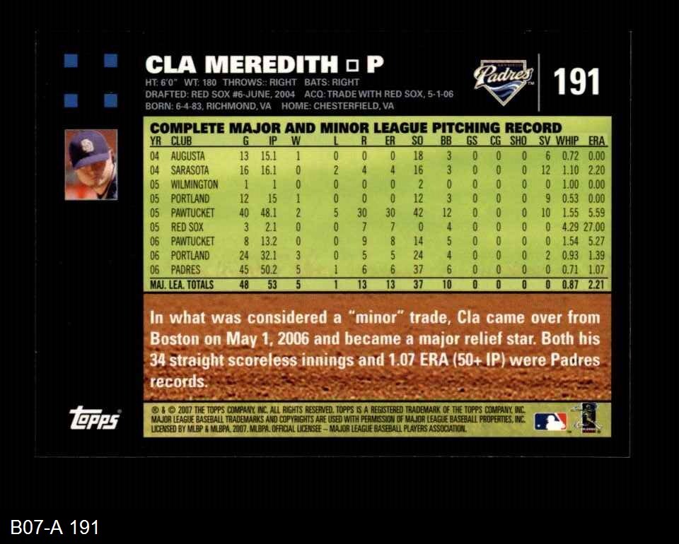 2007 Topps #191 Cla Meredith Padres 8 - NM/MT | eBay