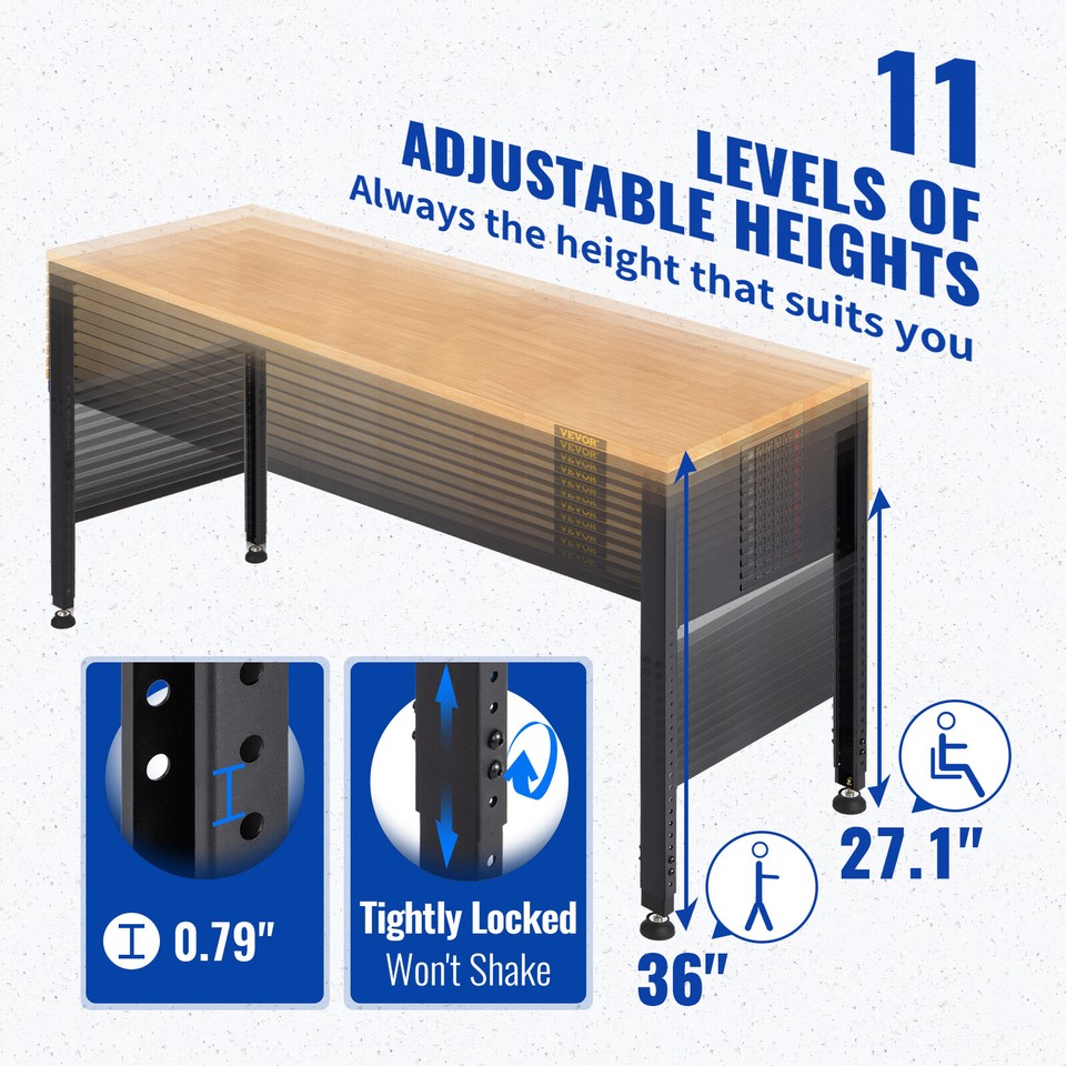 Adjustable Height Workbench 61"L x 20"W Work Bench Table w/ Power ...