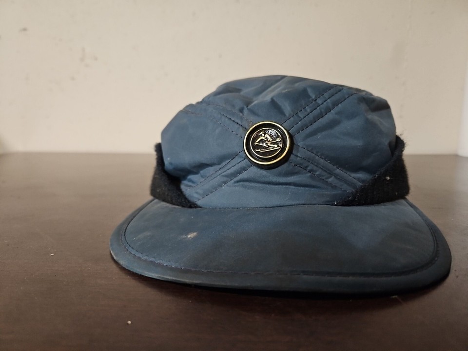 Vintage Large 7 3/8" Quilted Ski Hat Blue Neck Ear Flaps Brim Cap USA ...