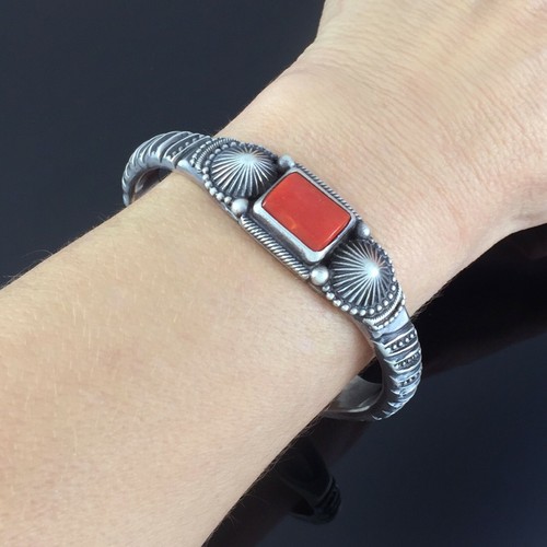 JOHN BEGAY JR - NAVAJO HEAVY GAUGE STERLING SILVER & RED CORAL CUFF ...