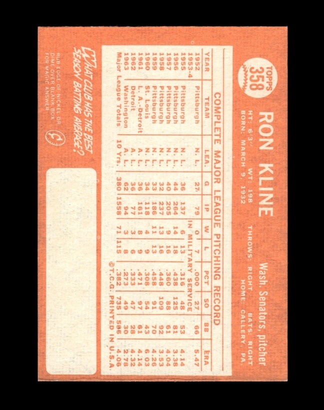 1964 Topps Set-Break #358 Ron Kline EX-EXMINT *GMCARDS* | eBay