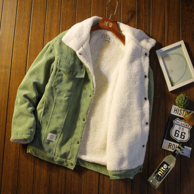 Men's New Collar Jacket Lamb Wool Fur Lining Corduroy Winter Thickened ...