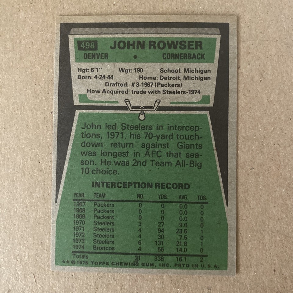 1975 Topps Football John Rowser Denver Broncos Card #498 | eBay