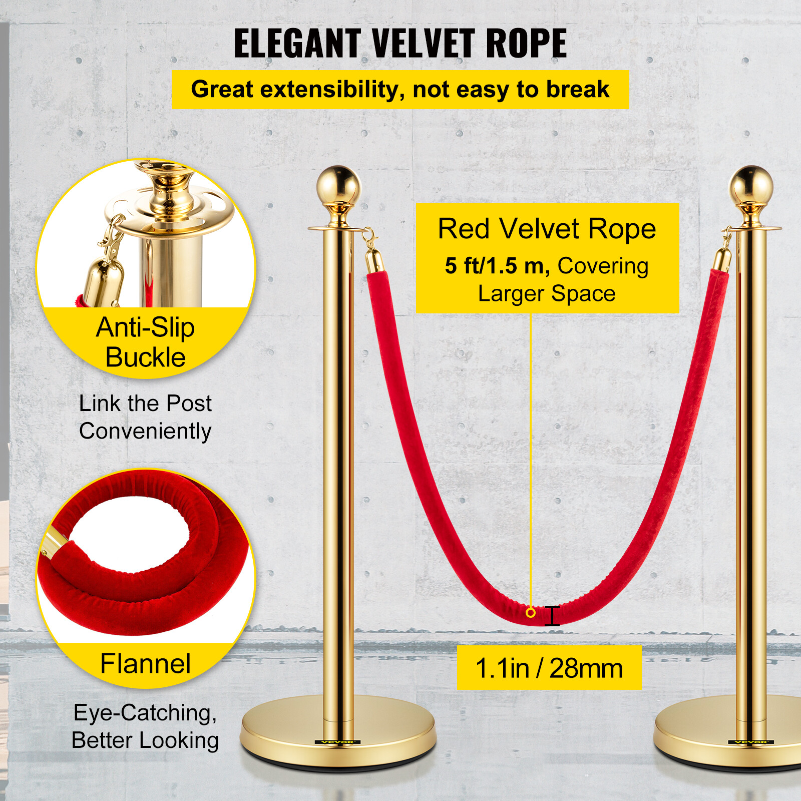 VEVOR 2x Gold Stanchion Posts Queue Pole Red Velvet Rope Crowd Control ...
