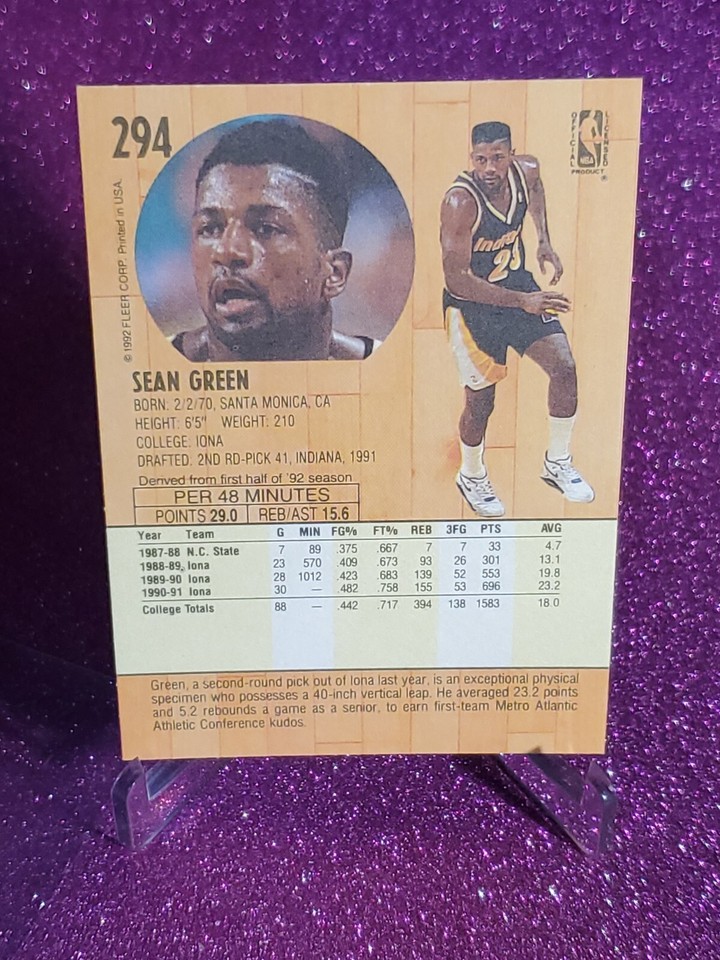 1991-92 Fleer Indiana Pacers Basketball #294 Sean Green Rookie RC IONA ...
