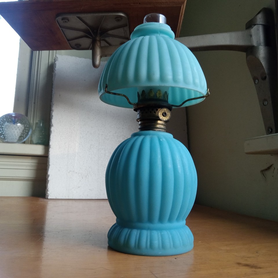 1890 RARE BLUE OPAQUE GLASS PEARL BABY McKEE MINIATURE OIL LAMP W ...