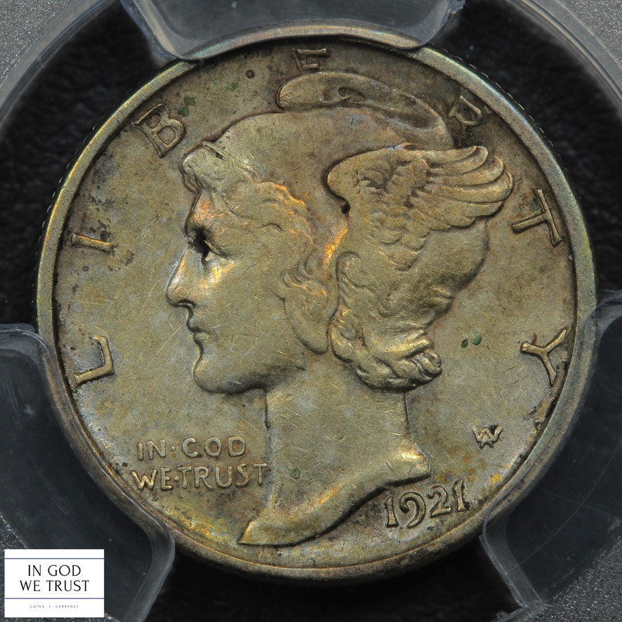 1921 D Mercury Silver Dime 10C PCGS XF 45 CAC (Pretty Rainbow Toning ...