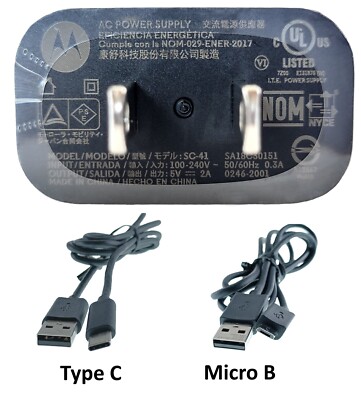 OEM Motorola AC POWER SUPPLY SC-41 (5.0V-2.0A)+2 USB Cables (Type C ...