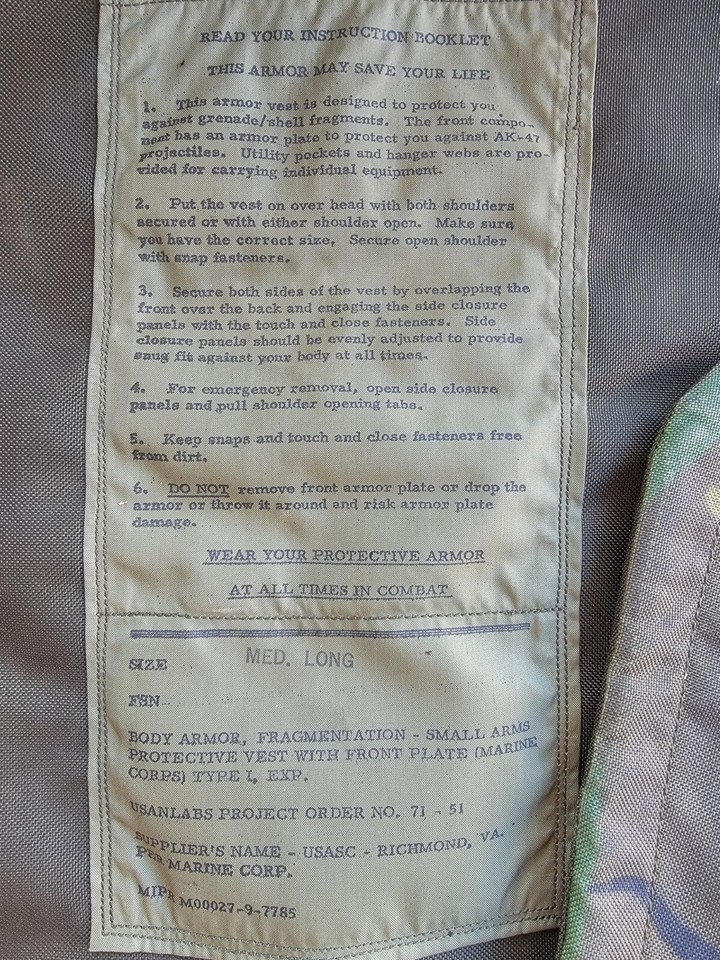USMC ERDL Camo VietNam Experimental Body Armor Vest W Plate Dated 3/70 ...