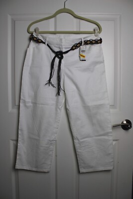 VTG NWT AB Studio White Stretch Belted Capri Pants Side Slits Pockets ...