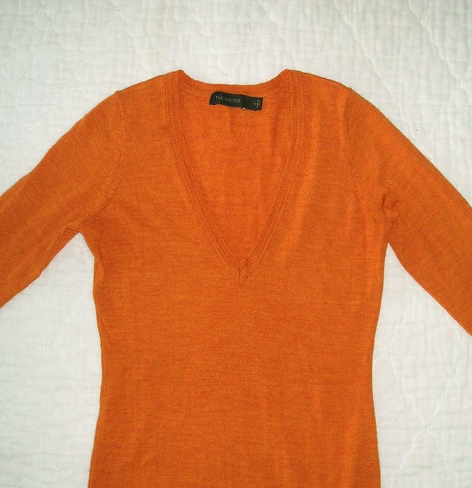 The Limited - size S. thin Rust Orange Sweater, V-Neck Merino Wool ...