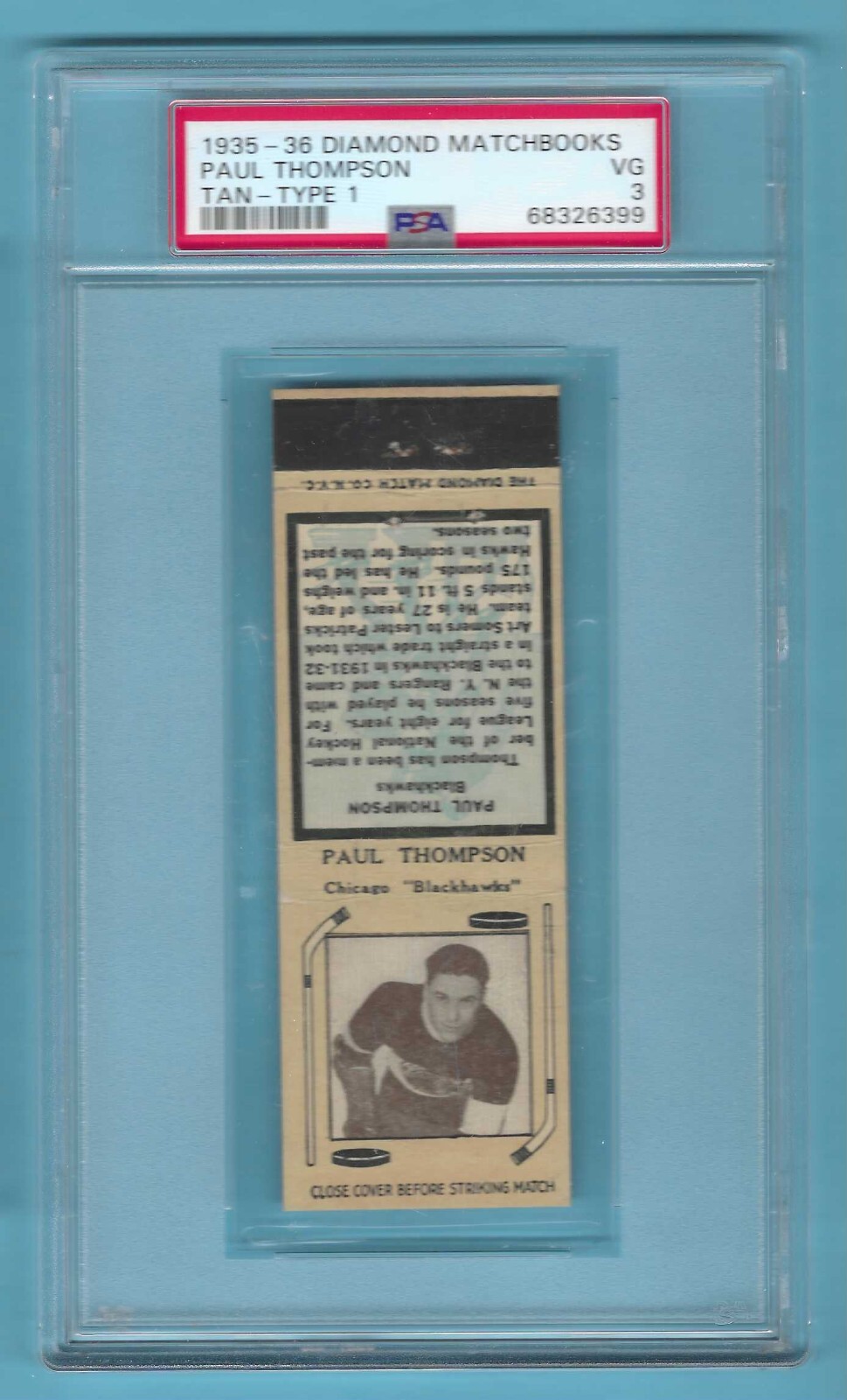 1935-36 Diamond Matchbooks Paul Thompson Blackhawks! PSA 3 VG NO PSA ...