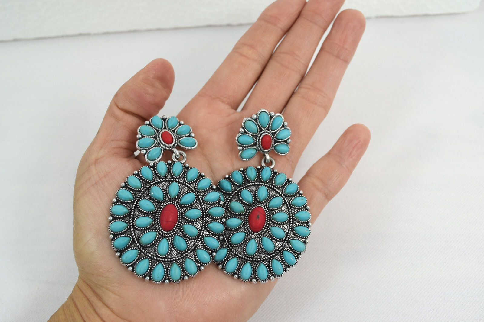 Western Concho Oversized Squash Blossom Dangle Earrings, Large Concho ...