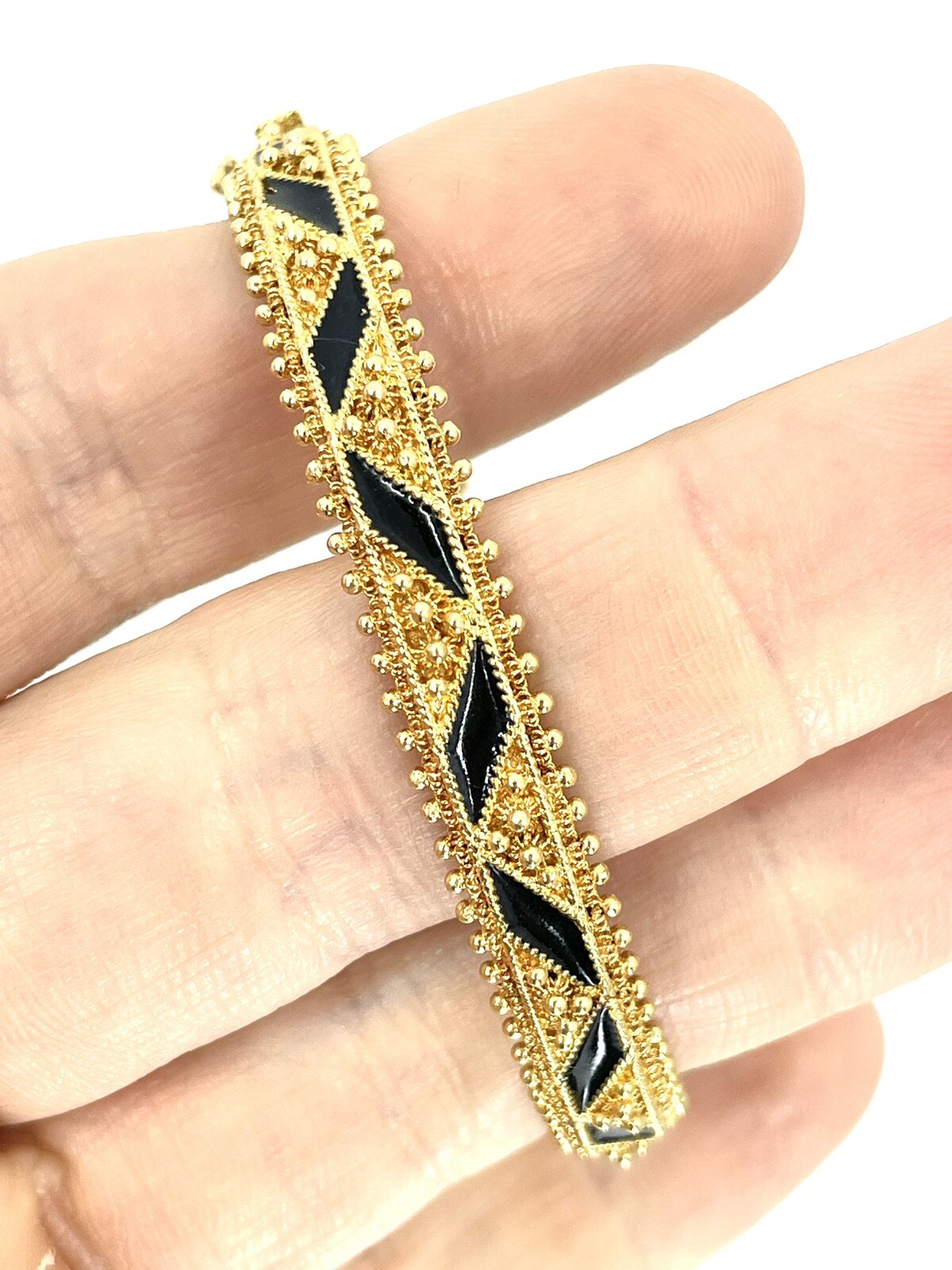 18k 750 Deep Yellow Gold Black Enamel Bangle Bracelet Intricate Design ...