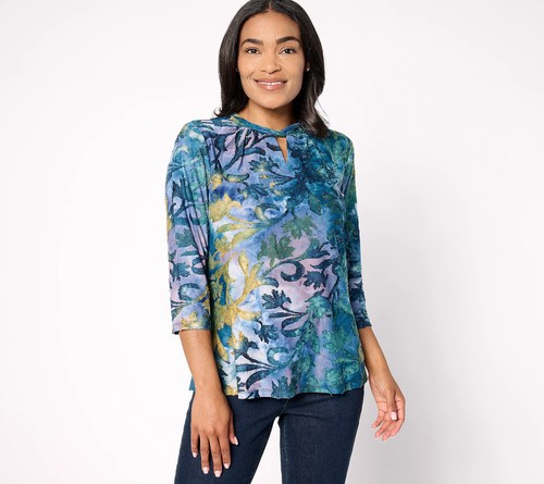 Denim & Co. Signature Jacquard Knit 3/4 Sleeve Keyhole Top Navy Multi ...