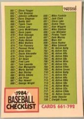1984 Topps #781 Checklist cards 661-792 UNMARKED EXcellent FREE ...
