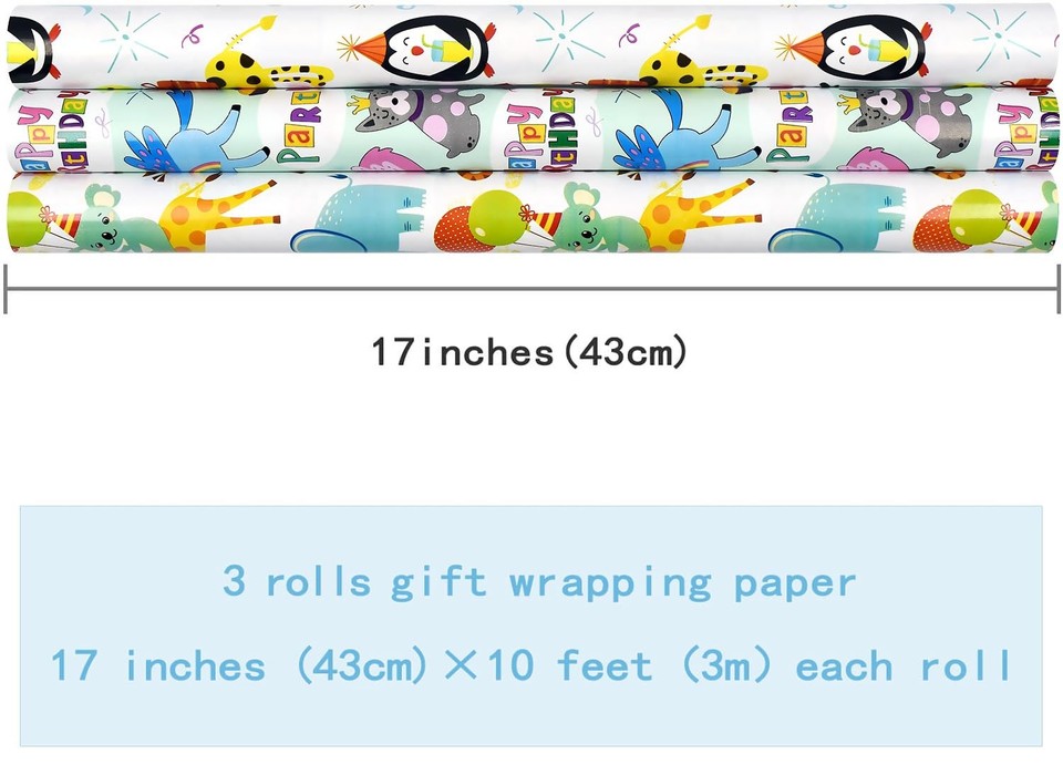 3 Rolls 17in x 10ft Animal Wrapping Paper, Reusable Happy Birthday Gift ...