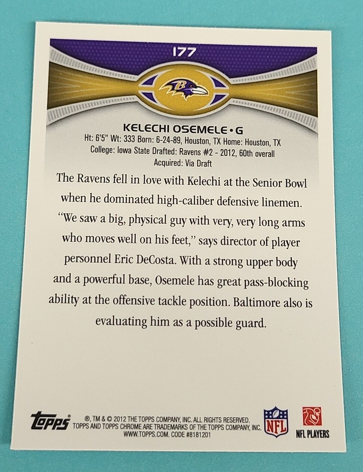 2012 Topps Chrome RC #177 Kelechi Osemele Baltimore Ravens FOOTBALL ...