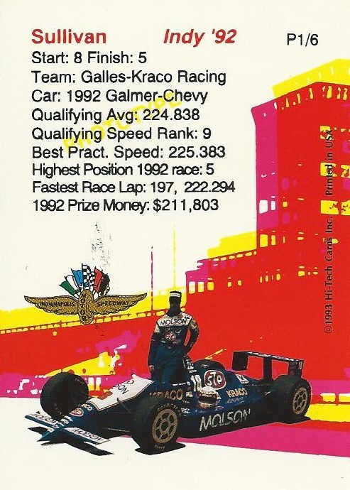 DANNY SULLIVAN AUTOGRAPHED 1993 HI-TECH INDY CAR RACING PHOTO TRADING ...