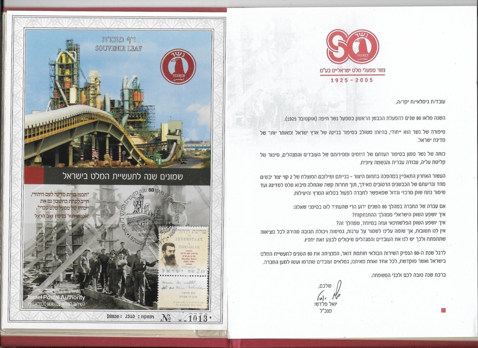 ISRAEL NESHER CEMENT FACTORY 80 YEARS SOUVENIR LEAF in ORIGINAL FOLDER ...