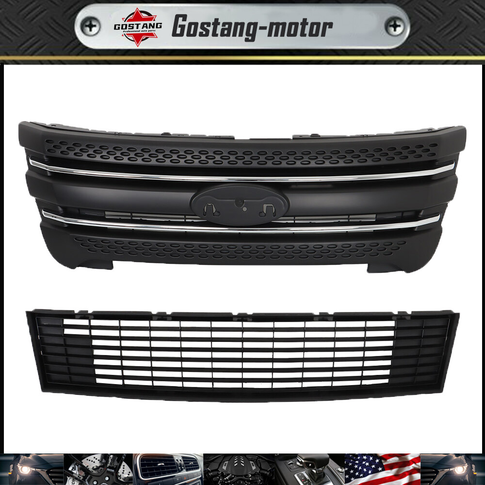 2pcs Black For 2011-2015 Ford Explorer Front Upper Lower Grille+Grille ...