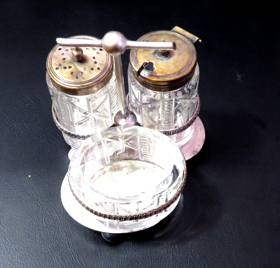 VINTAGE SILVERPLATE & CRYSTAL SALT & PEPPER CRUET SET FULLY HALLMARKED ...
