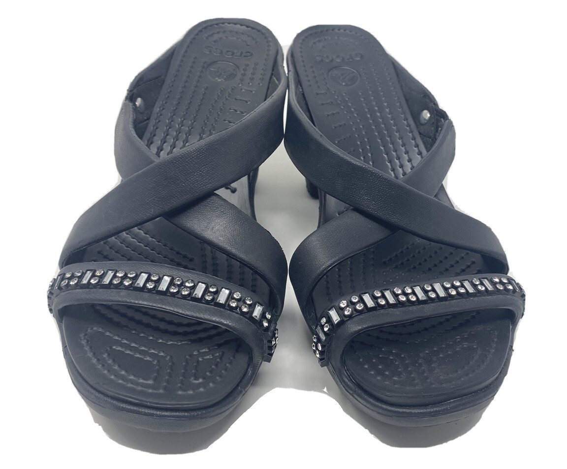 Crocs Cyprus IV Black Rhinestone Heels Sandals Womens… - Gem