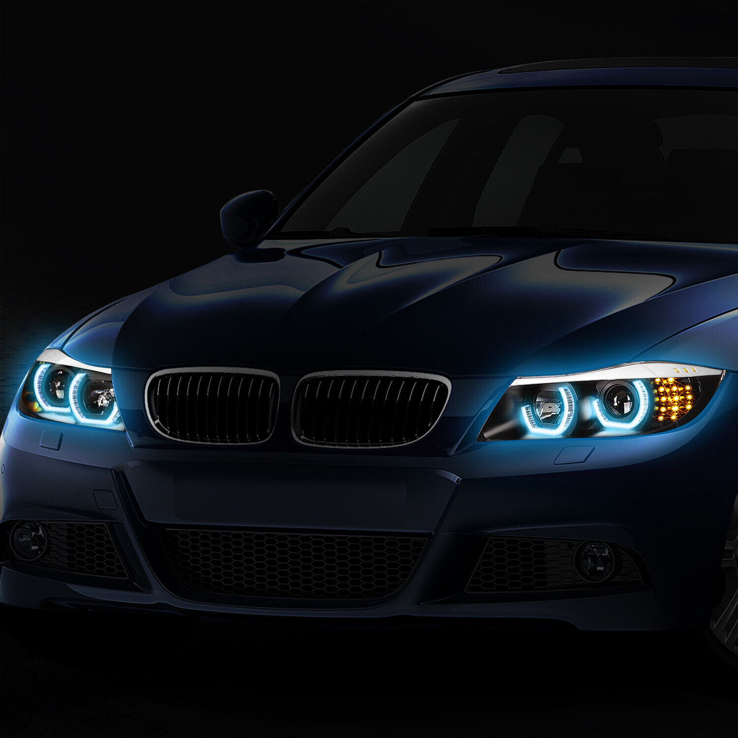 [BLUE LED 3D CRYSTAL U-HALO]FOR 2009-2012 BMW 3-SERIES E90 BLACK ...
