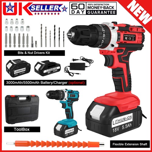 2 Battery 21V Cordless Drill Combi Driver High Power Electric ...