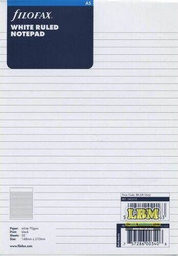 Filofax A5 size White Ruled (Lined) NOTEPAD Notepaper Insert Refill ...