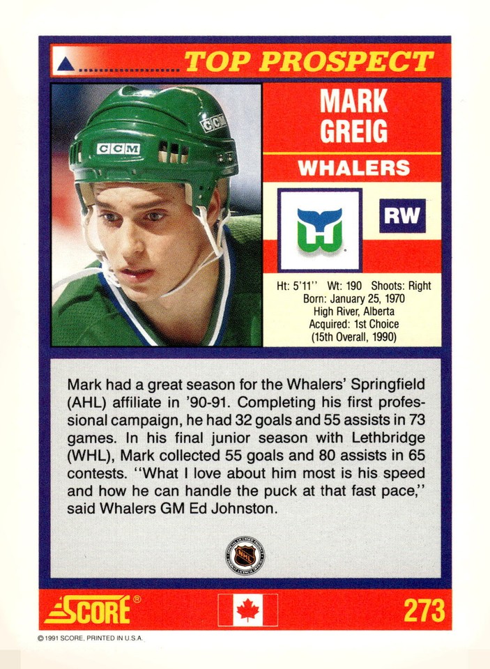 1991 Score Canadian English #273 Mark Greig Near mint or better | eBay