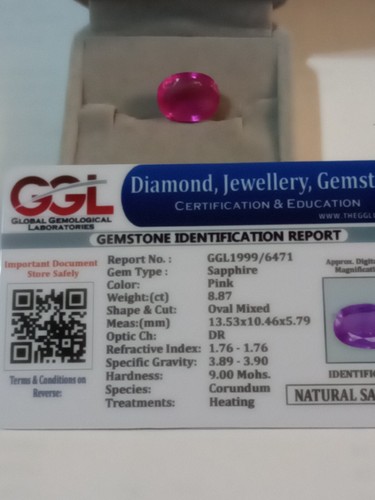 NATURAL EARTHMINED GGL CERTIFIED GEM TESTED HEATED OVAL PINK SAPPHIRE 8 ...