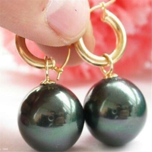 AAA Beauty 16mm Peacock Black South Sea Round Shell Pearl Dangle Earrings | eBay