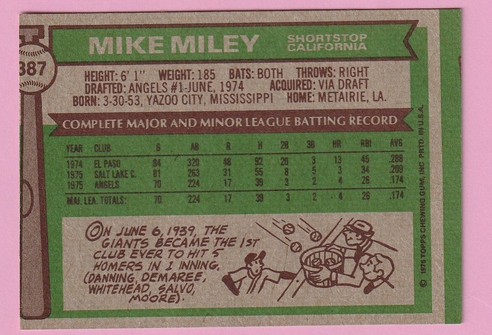1976 Topps Baseball Card Mike Miley California Angels MISCUT OddBall ...