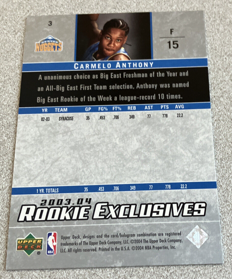 2003-04 Upper Deck Rookie Exclusives Star Rookie #3 Carmelo Anthony ...