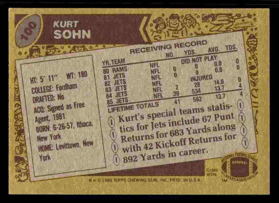 1986 Topps Kurt Sohn #100 - New York Jets | eBay