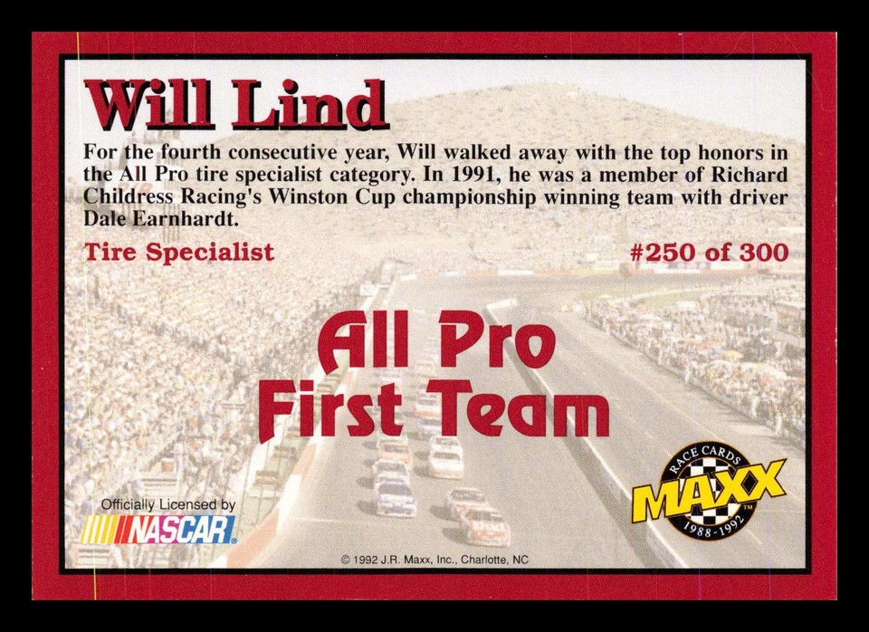 Will Lind #250 1992 Maxx (Red) Richard Childress Racing Racing | eBay