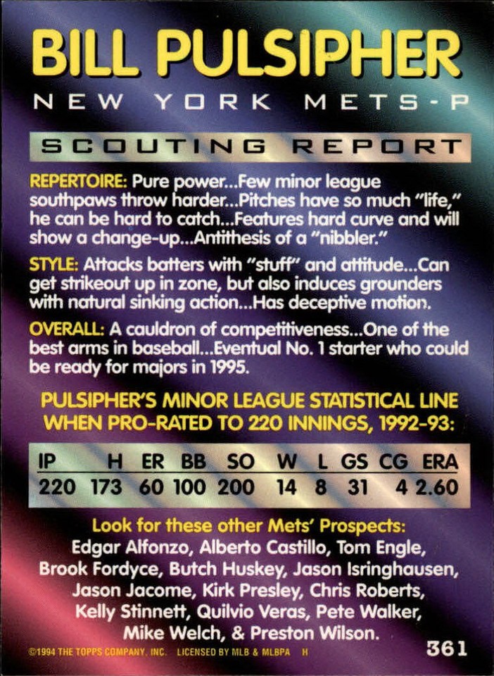 1994 Bowman New York Mets Baseball Card #361 Bill Pulsipher FOIL | eBay