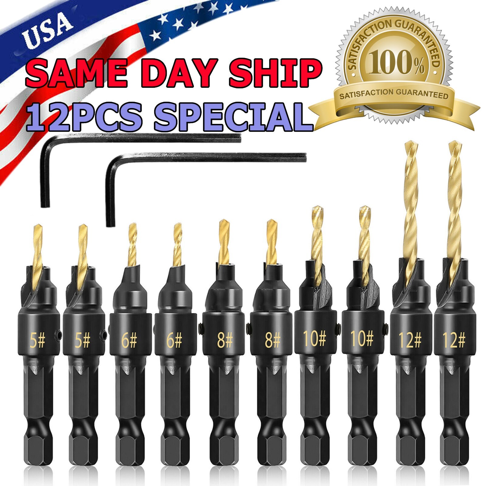12x HSS Countersink Drill Bit 1/4" Hex Shank Woodworking Pilot Screw ...